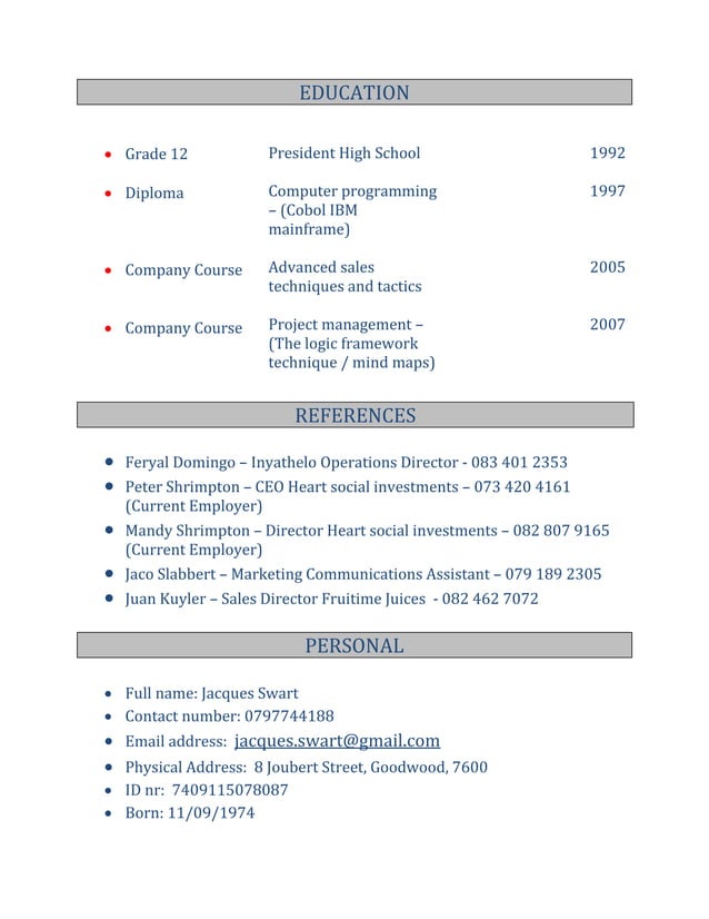 CV - Jacques Swart 2015 | PDF