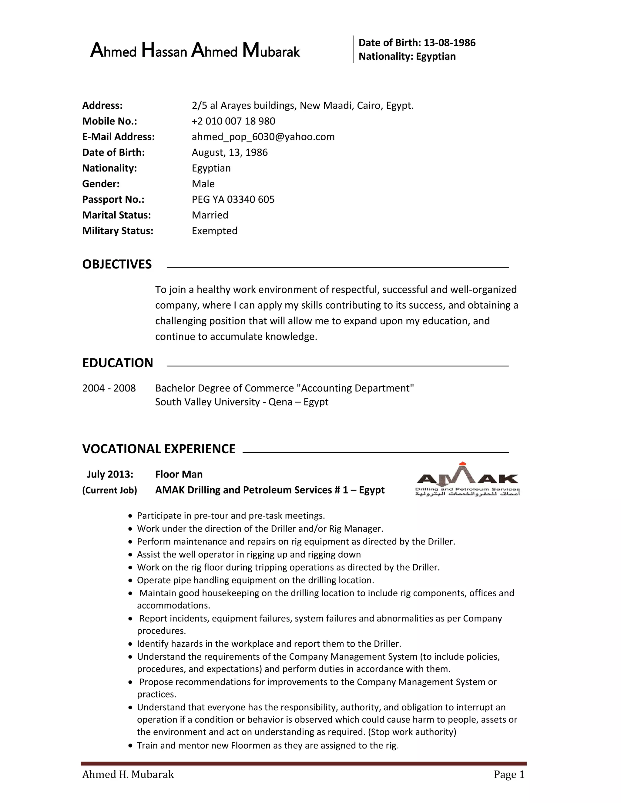 Ahmed Mubarak CV FloorMan | PDF
