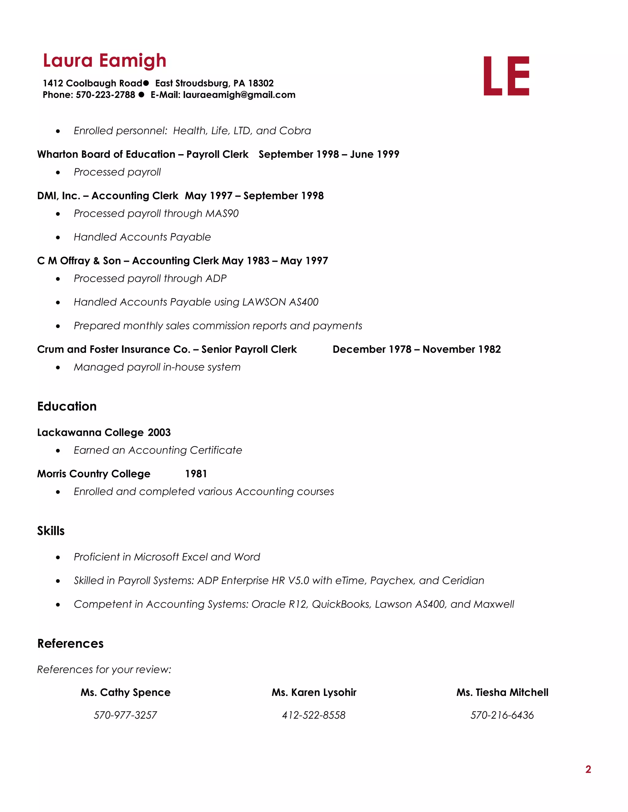 Laura Eamigh Resume | DOC | Business Accounting & Finance | Business