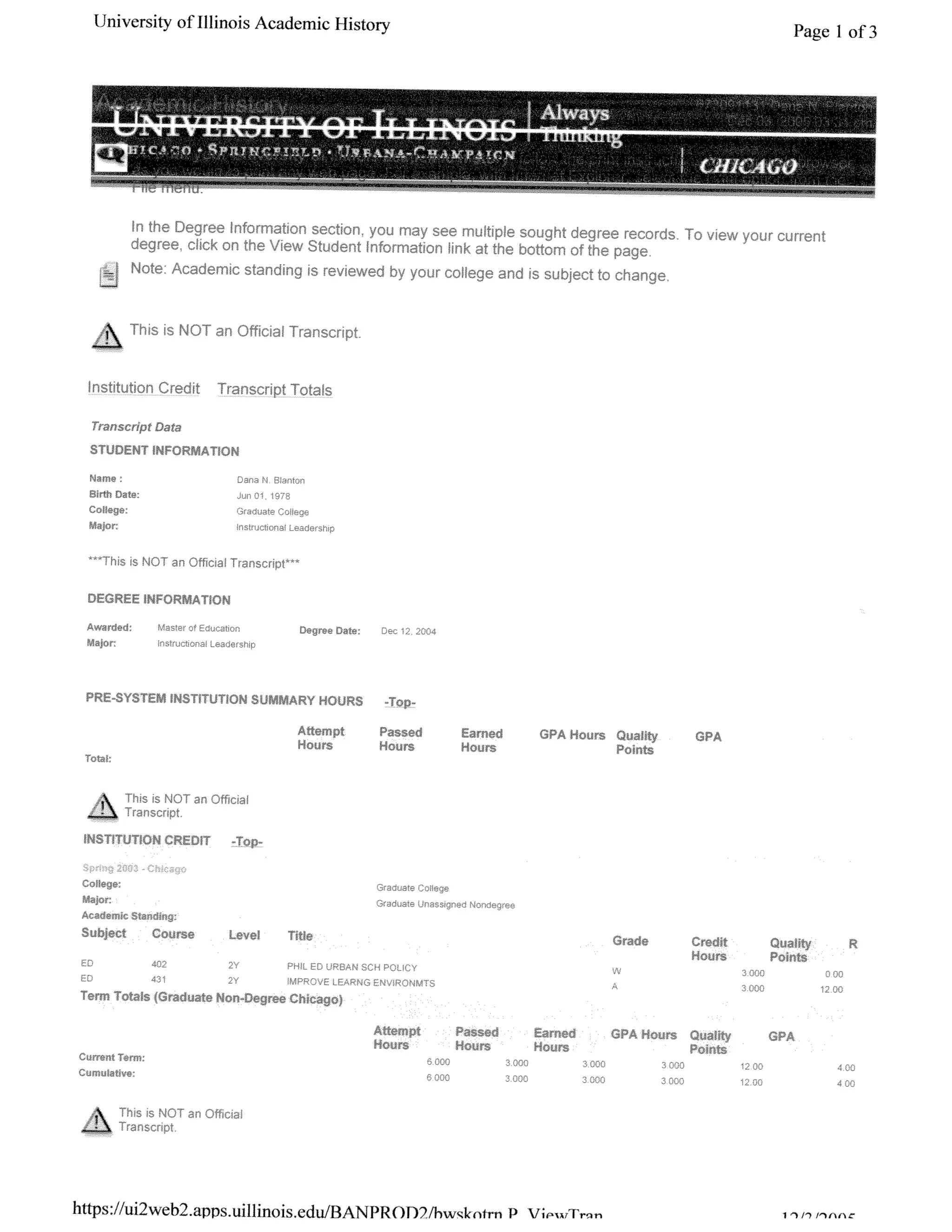 UIC- Unofficial Transcripts | PDF