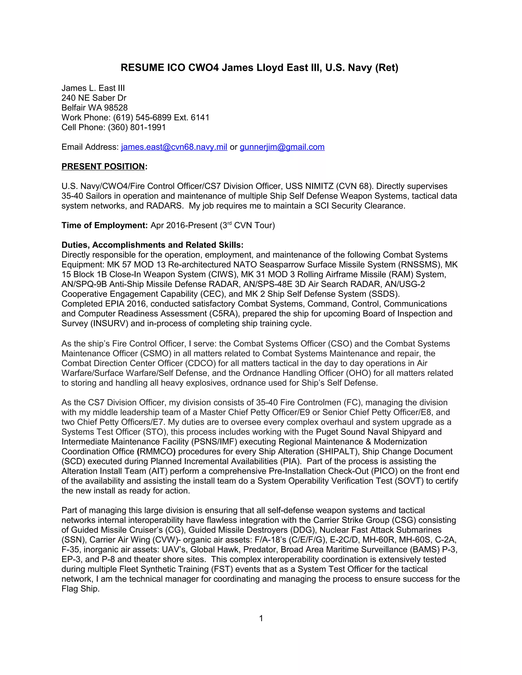 Resume- CWO4 James East | DOC