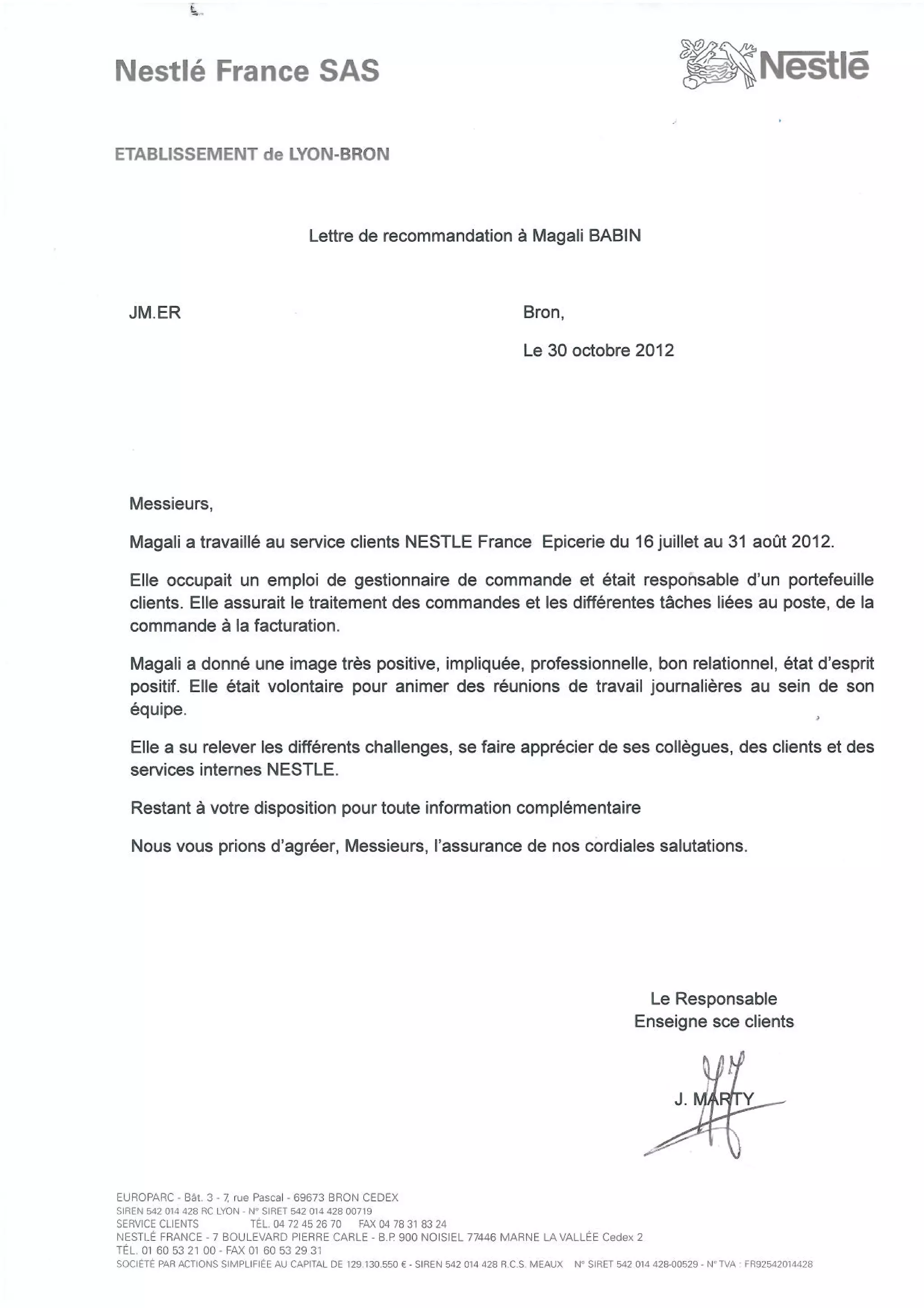 M. Babin Reference Lettre Nestle_FR | PDF