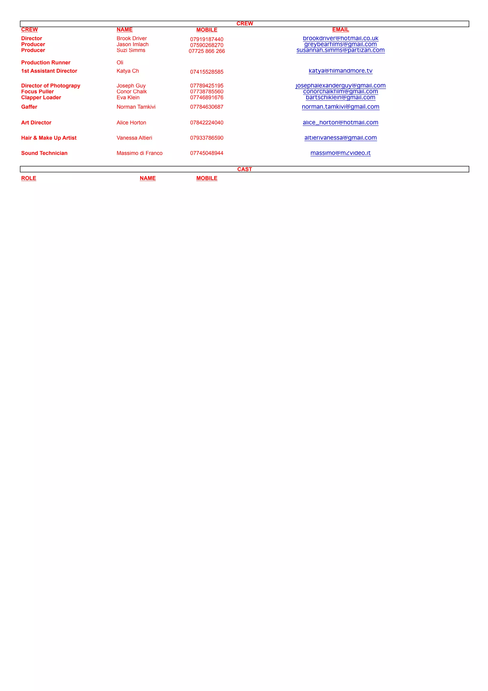 ELRON OF EGHAM - CALLSHEET 2 Crew | PDF | Video Production | Content Production