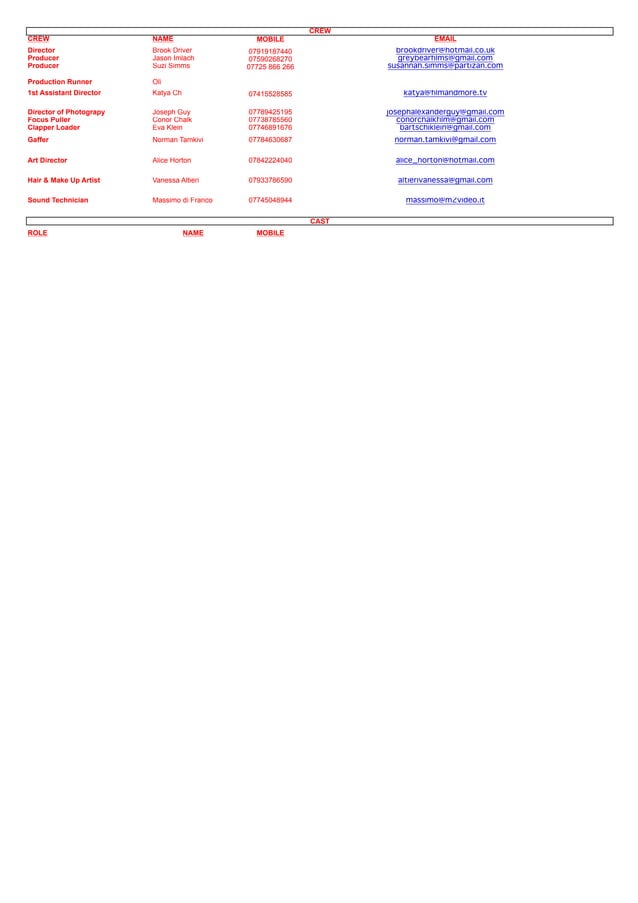ELRON OF EGHAM - CALLSHEET 2 Crew | PDF | Video Production | Content Production