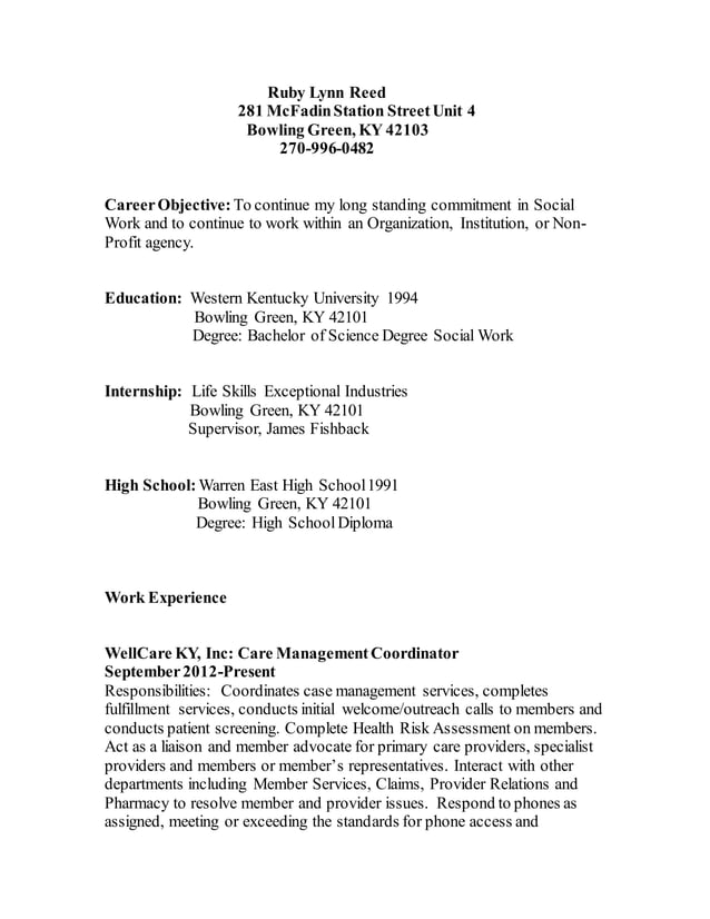 Reed+2016resume | DOCX | Eldercare | Family and Relationships