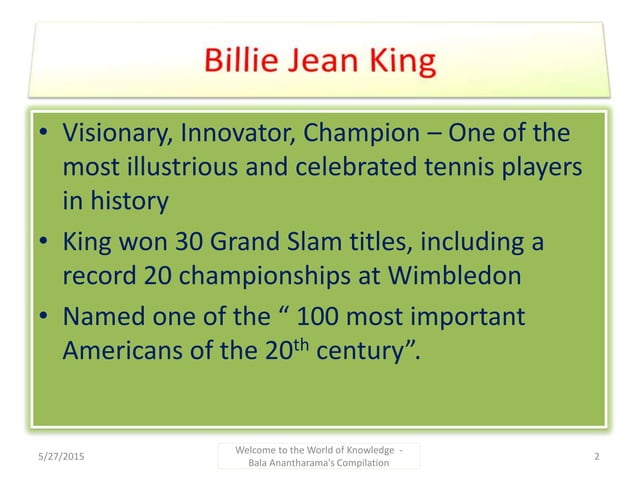 'Pressure is a Privilege'- Billie Jean King, Tennis Legend | PDF ...