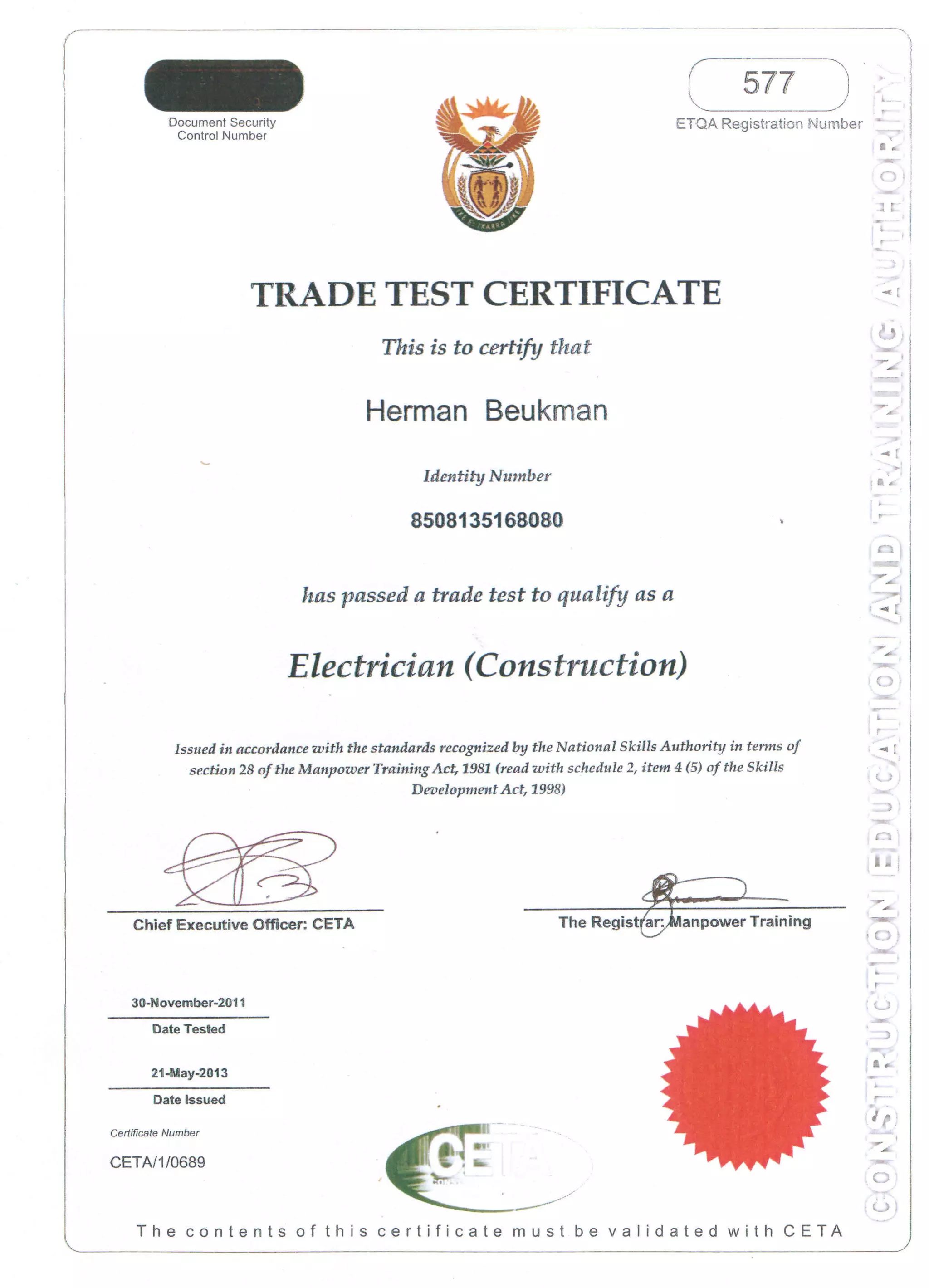 Trade Test Certificate | PDF