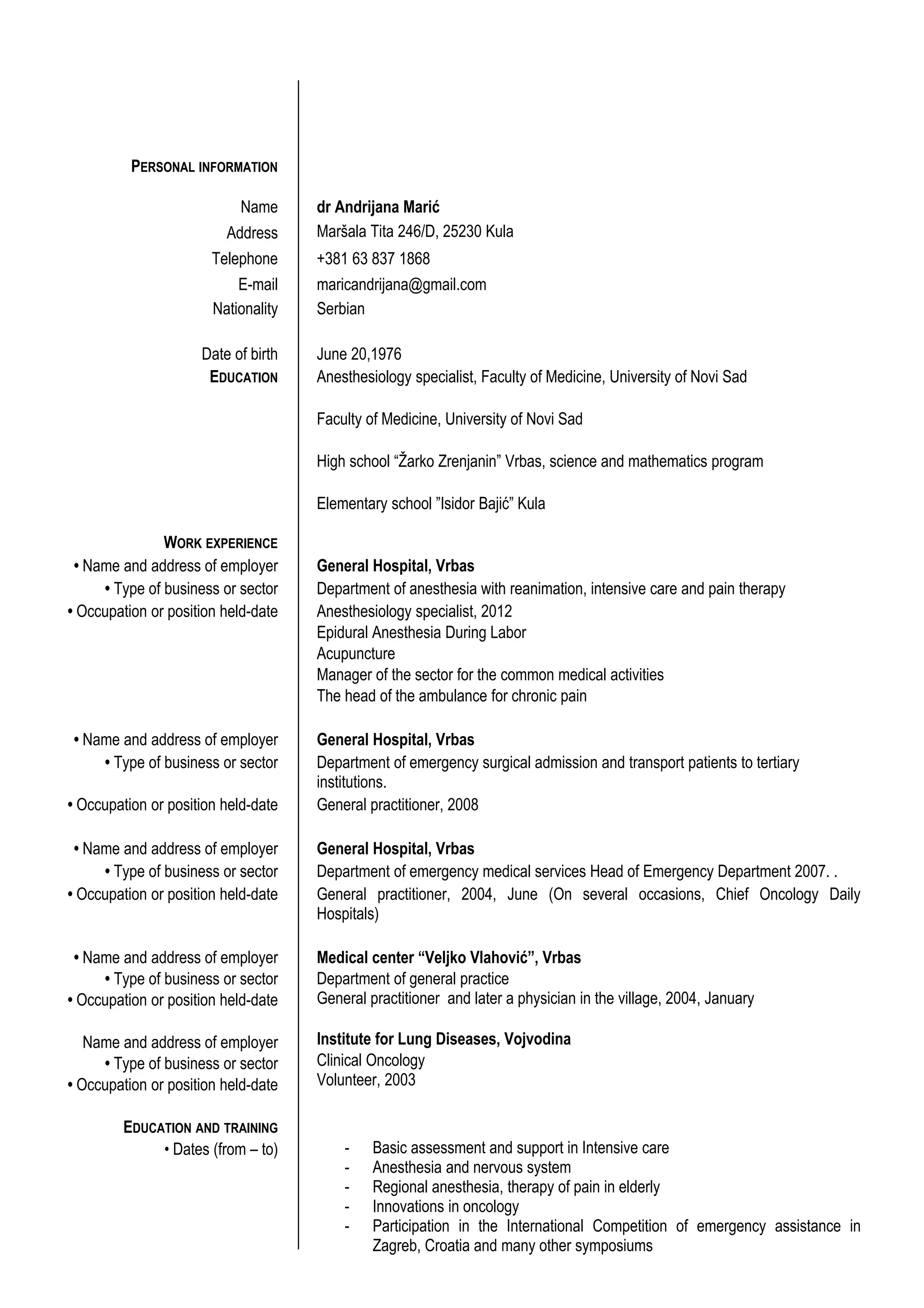 CV - dr Andrijana Marić | DOC