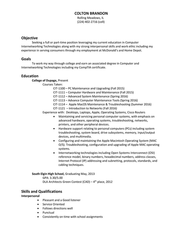 Colton Brandon Resume 201610 | PDF
