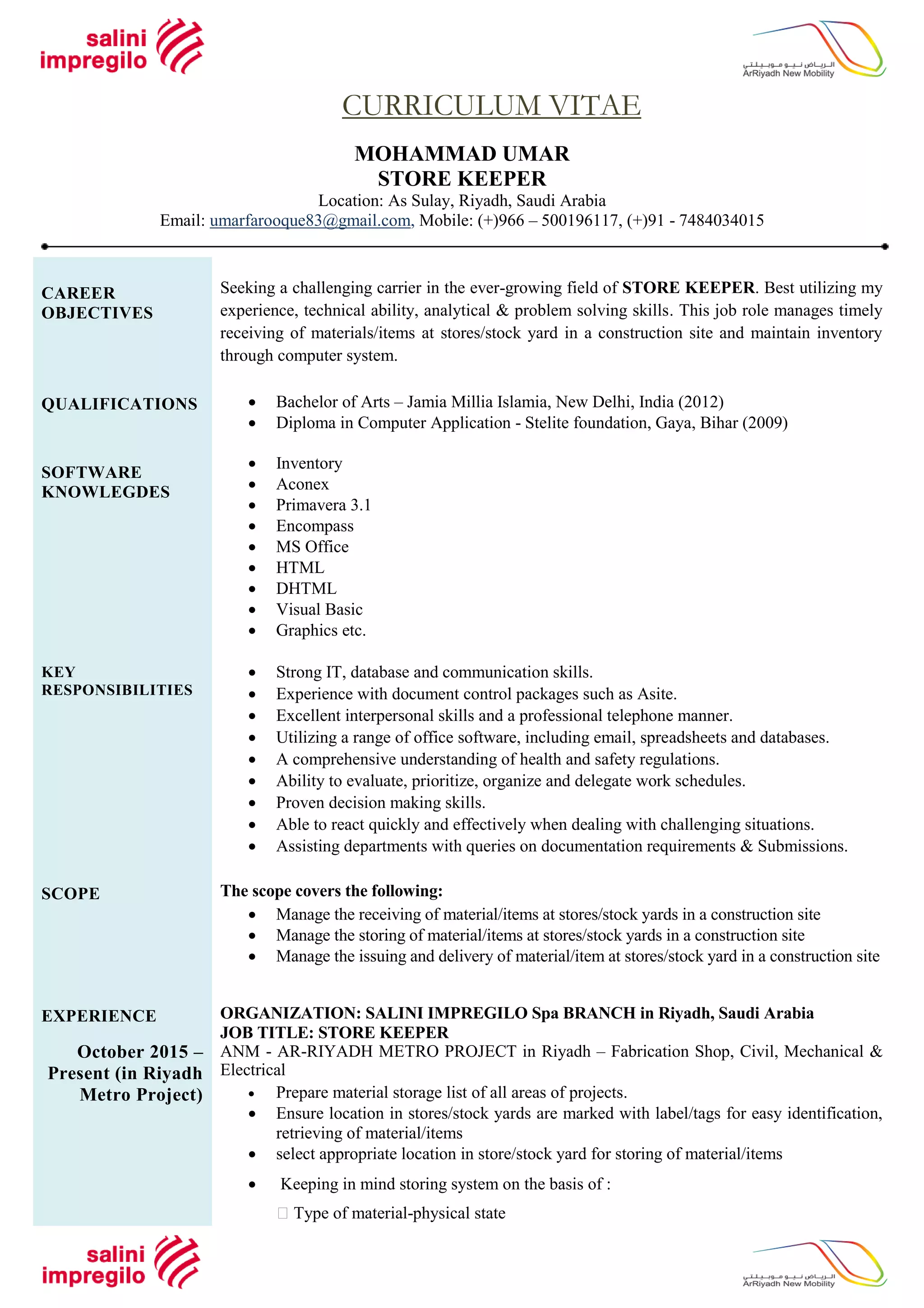 Curriculum Vitae - Store Keeper - 28-12-2016 | PDF