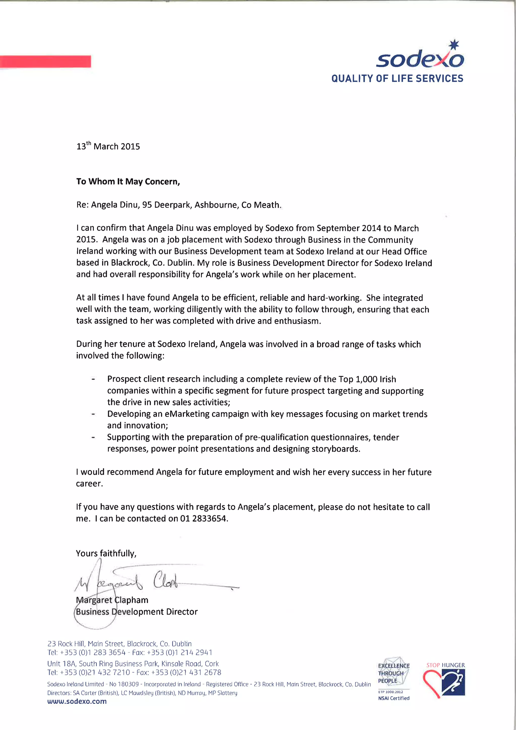 Angela Dinu Reference Sodexo | PDF