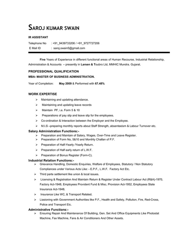 saroj resume IR | DOC | Business Accounting & Finance | Business