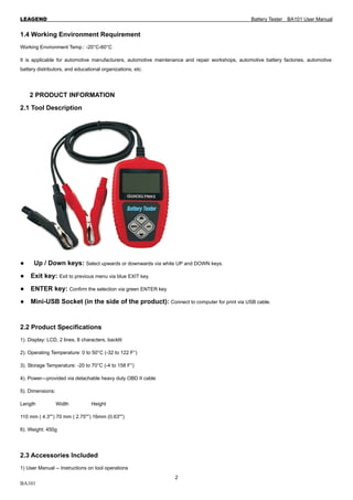 BA101 vehicle battery tester user manual | PDF