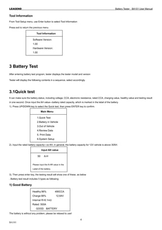BA101 vehicle battery tester user manual | PDF