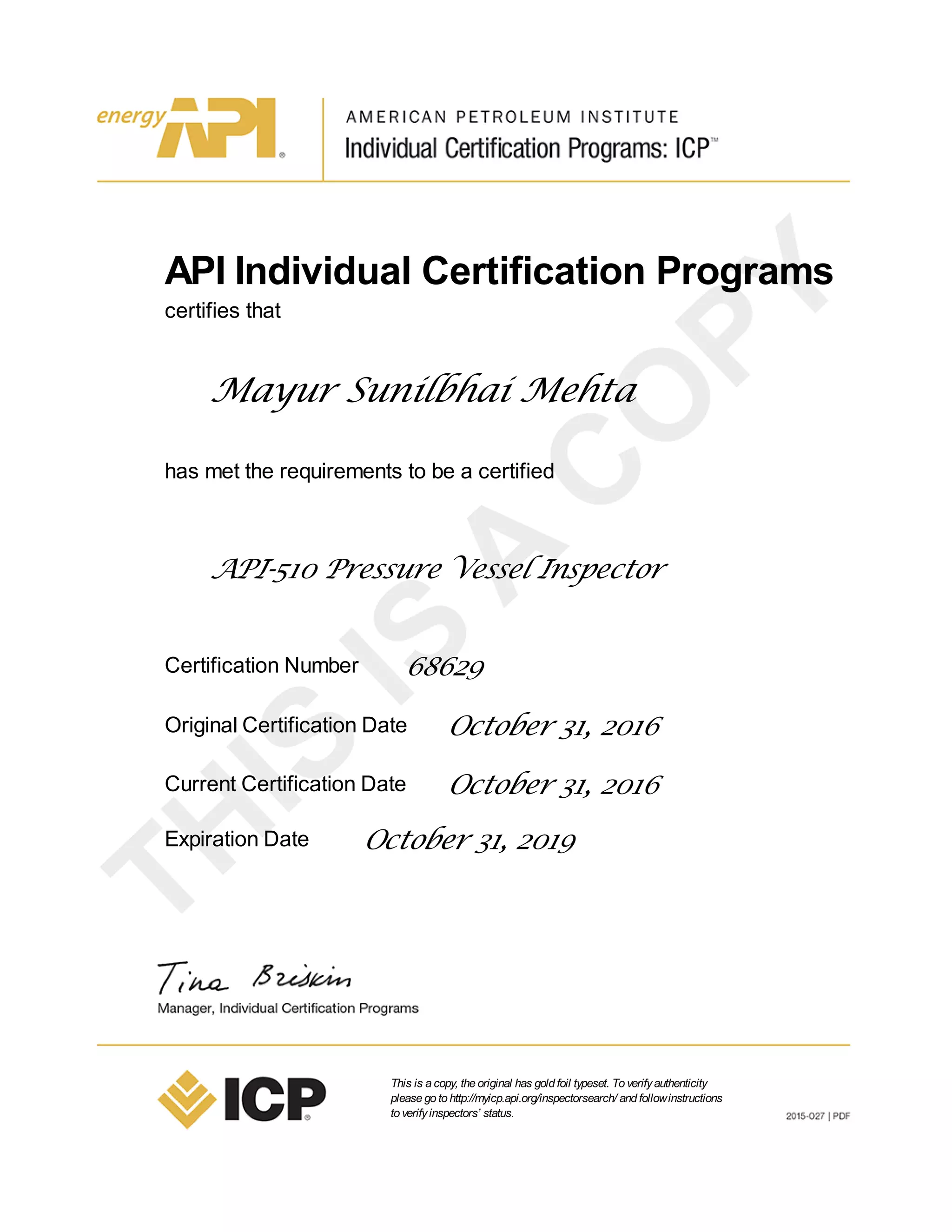 API-510 Certificate | PDF