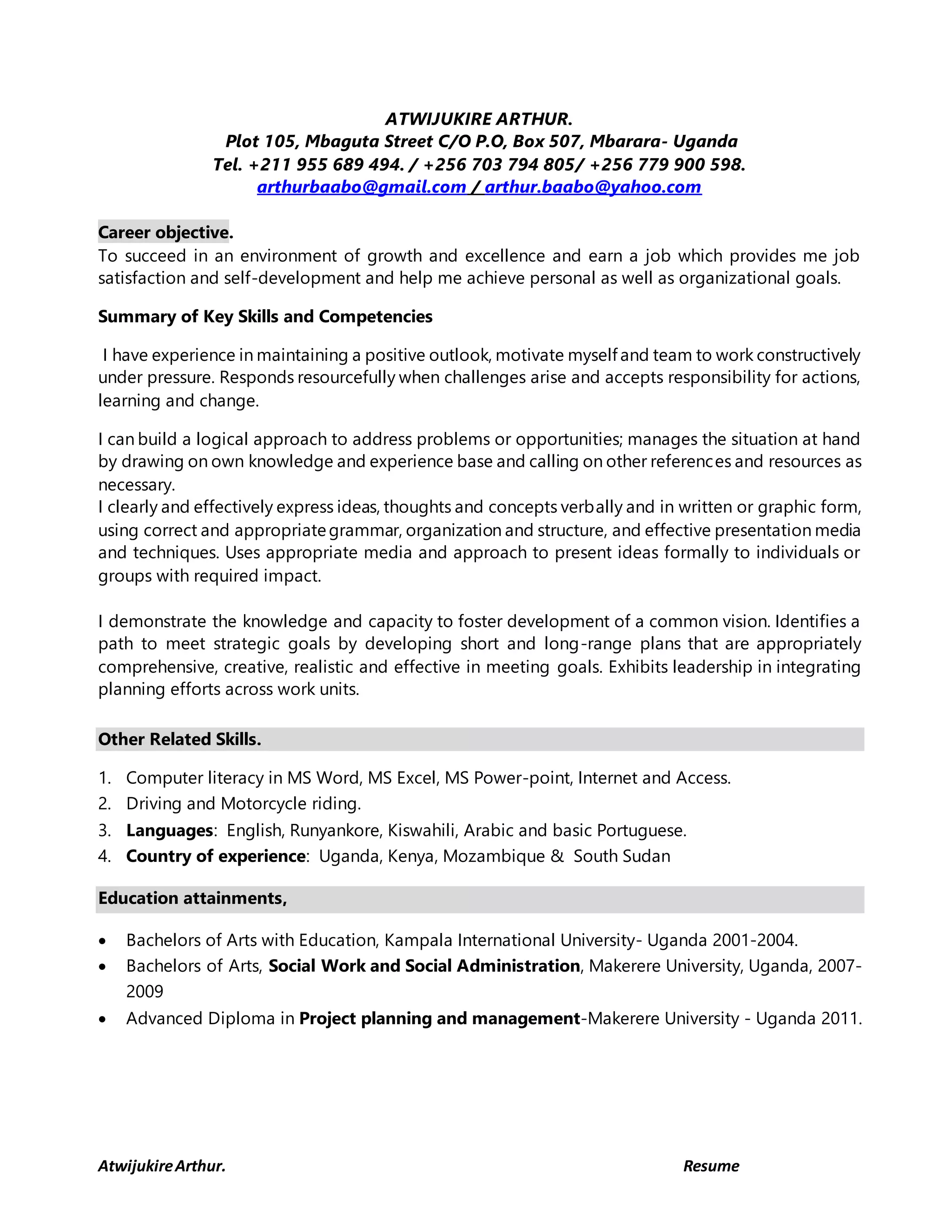 Atwijukire .Arthur CV | PDF