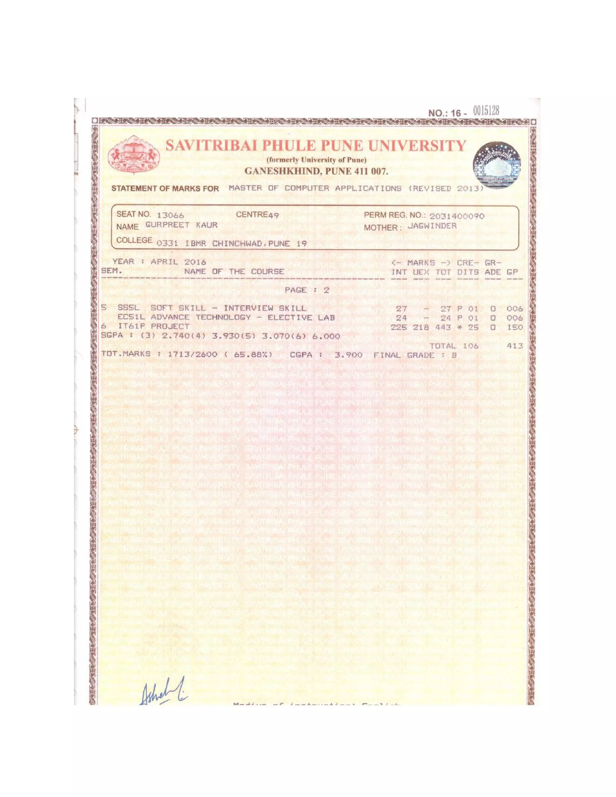 MCA(Marksheet) | PDF
