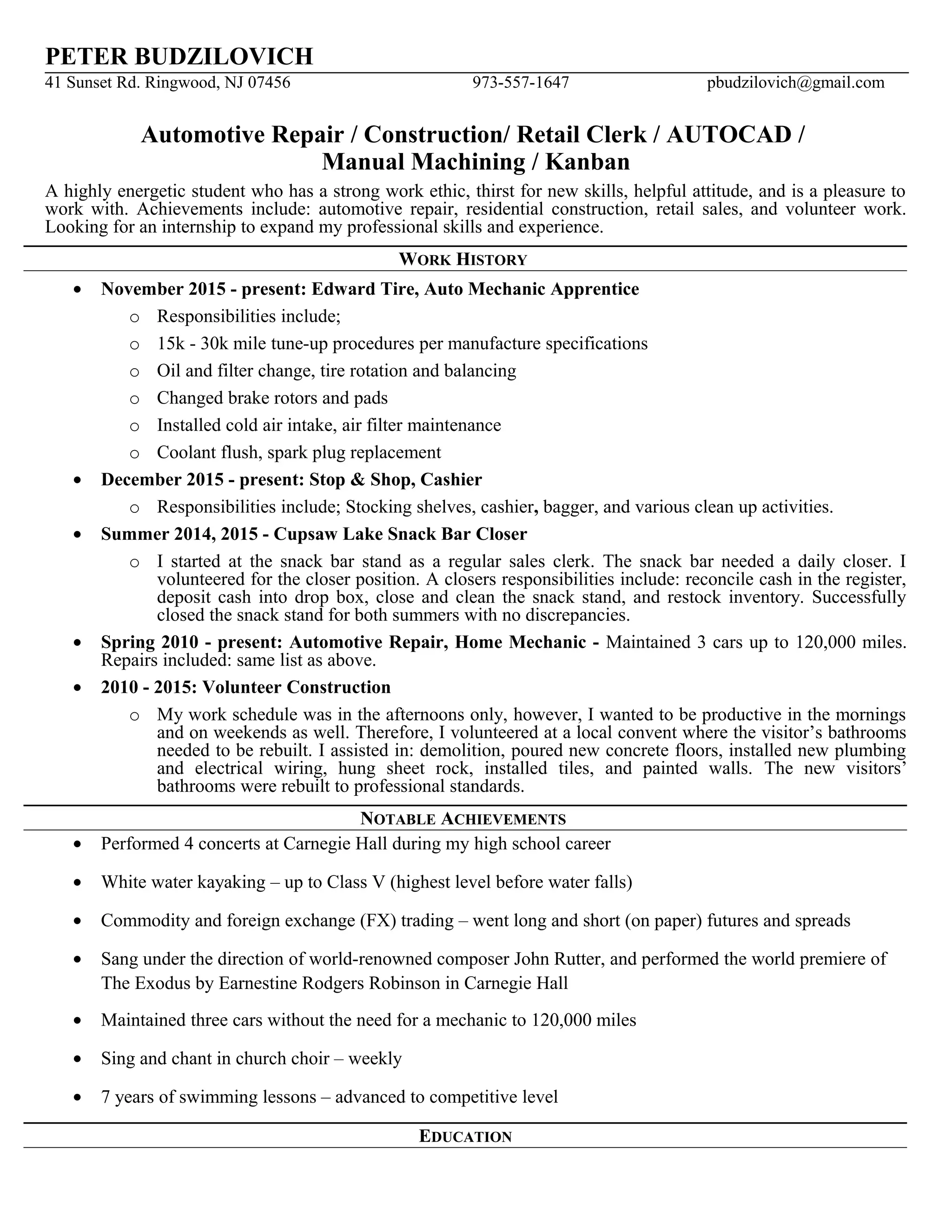 Peter Budzilovich Resume 2016 rev1 | DOC