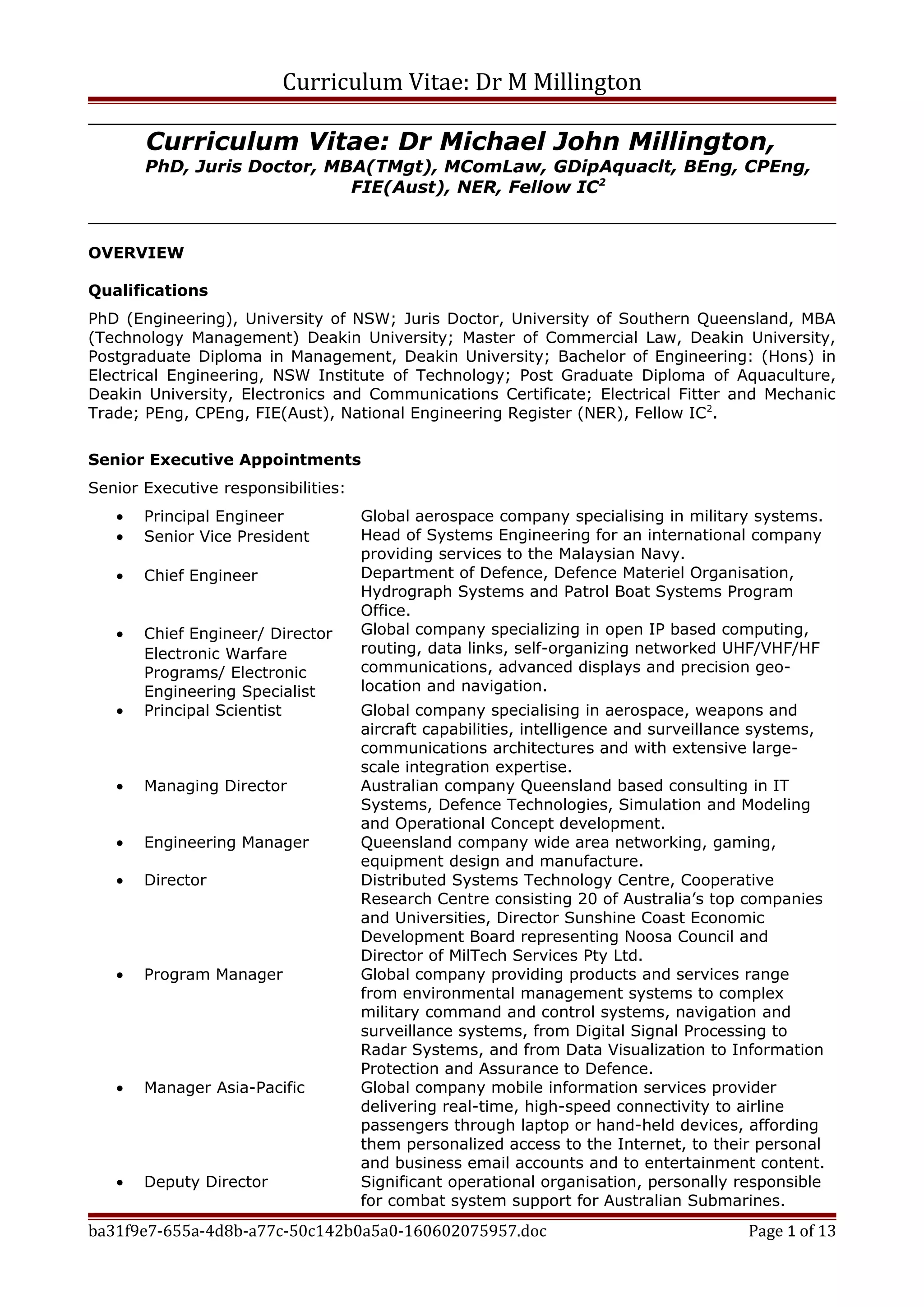 Brief CV - M Millington May 2016 | DOC