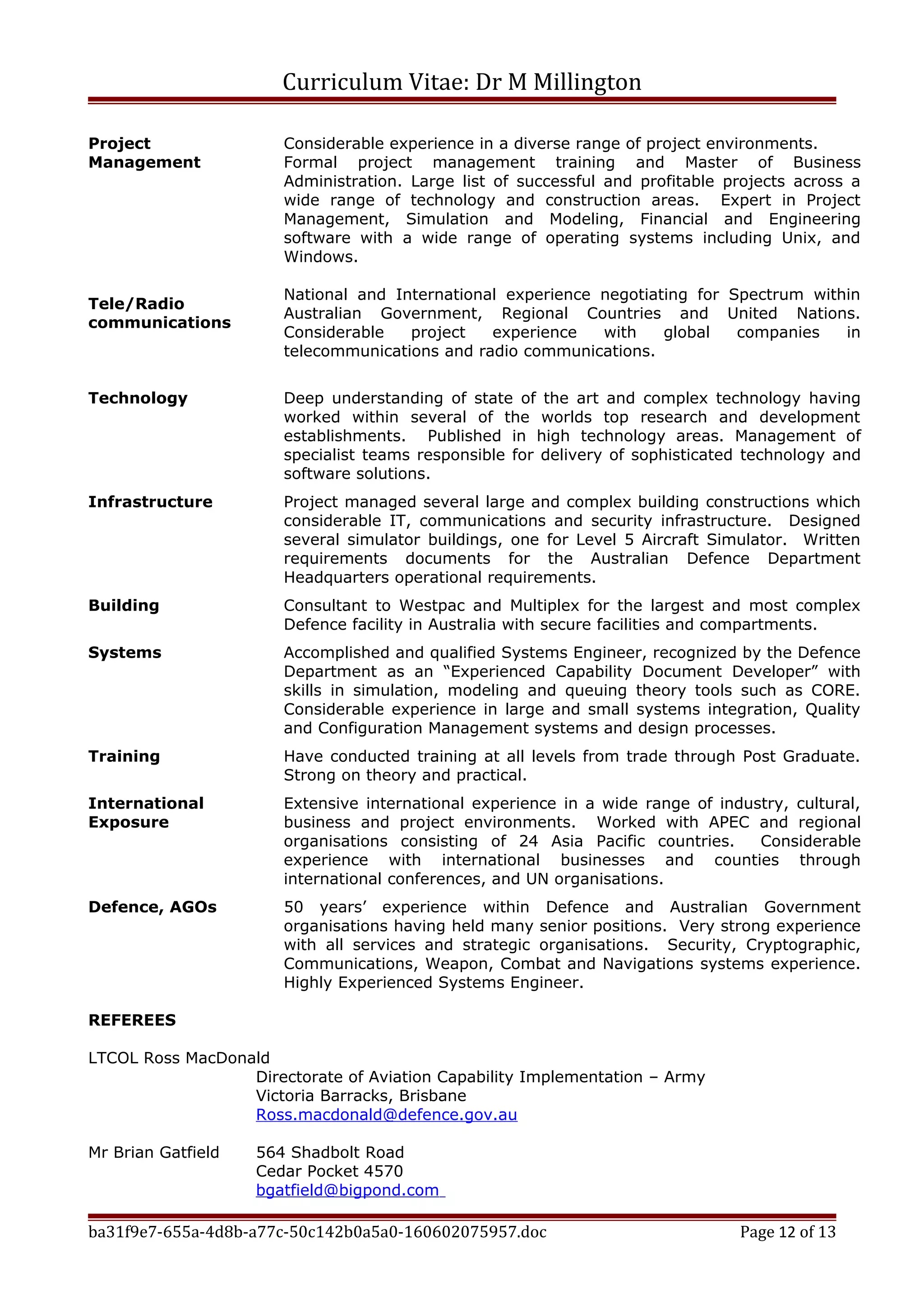 Brief CV - M Millington May 2016 | DOC
