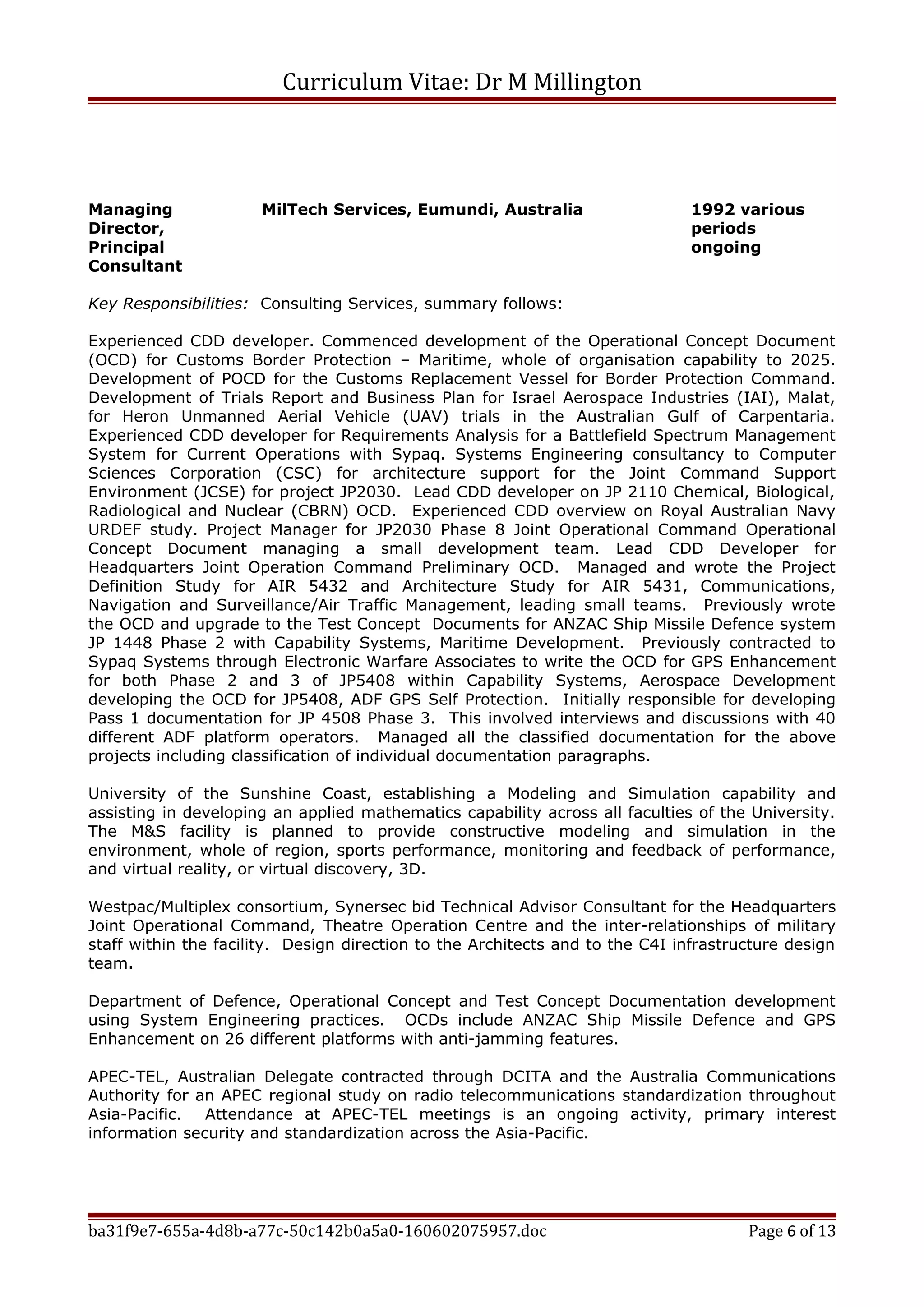 Brief CV - M Millington May 2016 | DOC