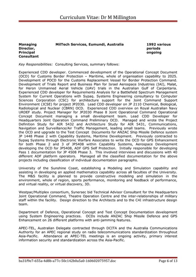 Brief CV - M Millington May 2016 | DOC