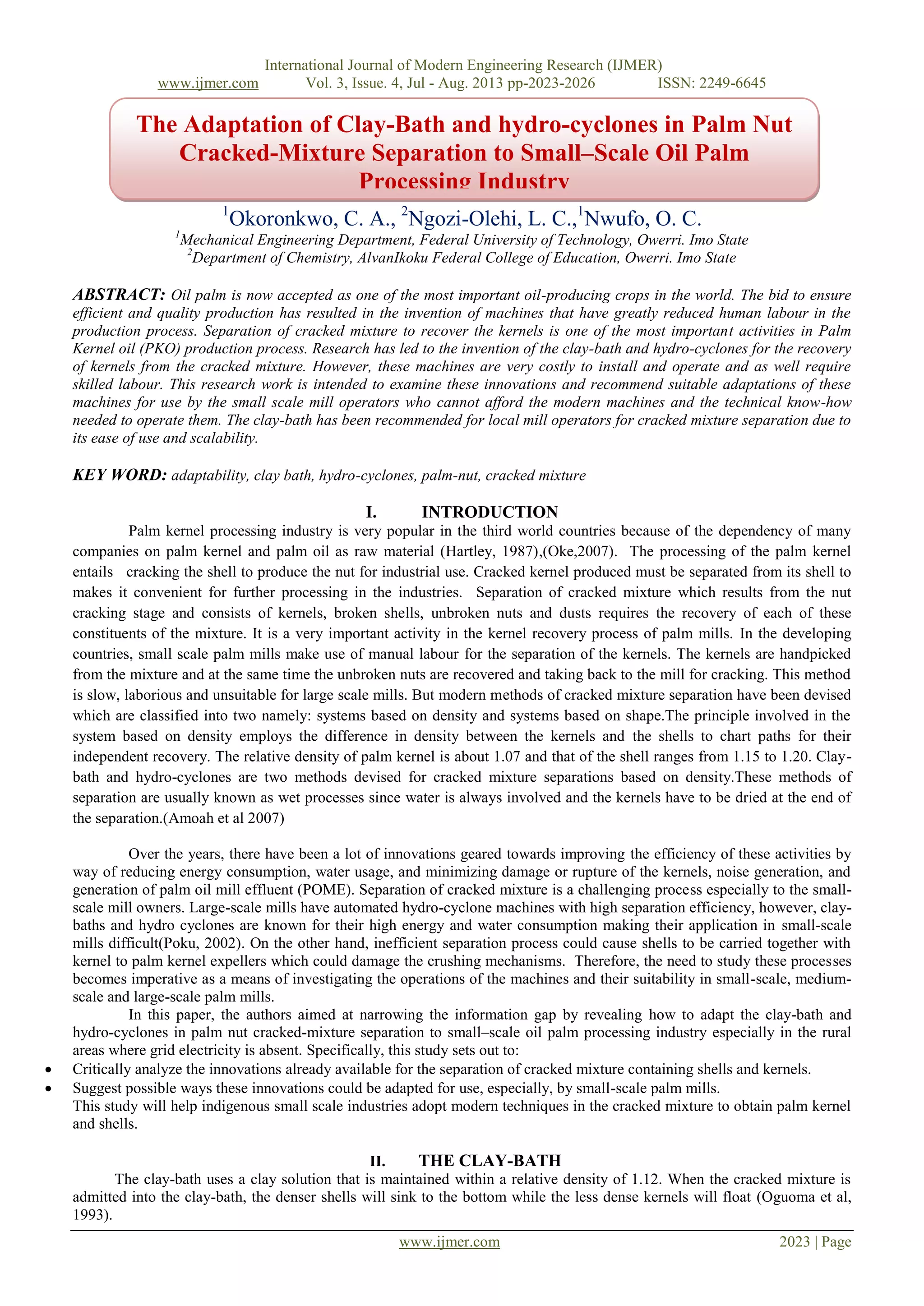 The Adaptation of Clay-Bath and hydro-cyclones in Palm Nut Cracked ...