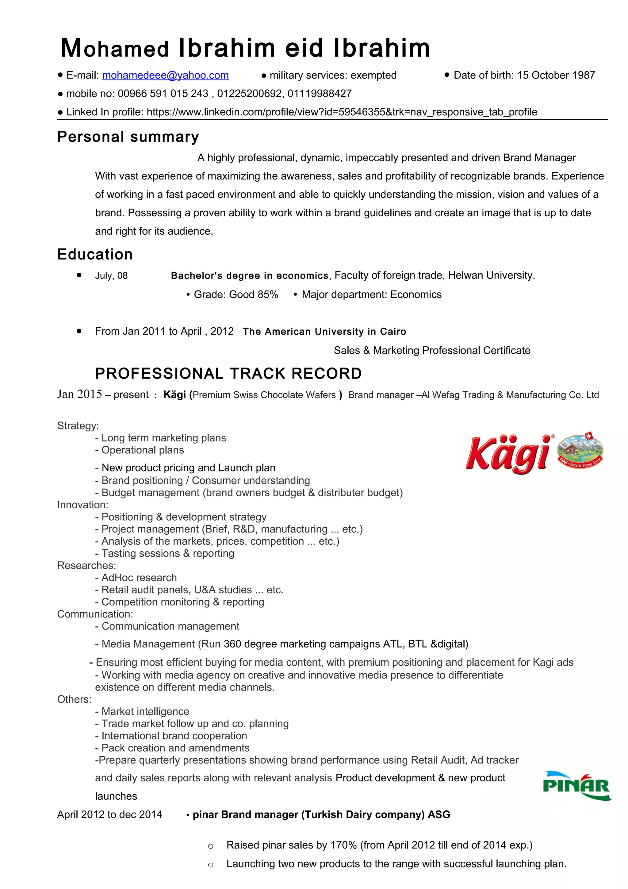 Mohamed Ibrahim eid resume-Dec 2016 | DOC | Marketing and Advertising | Business
