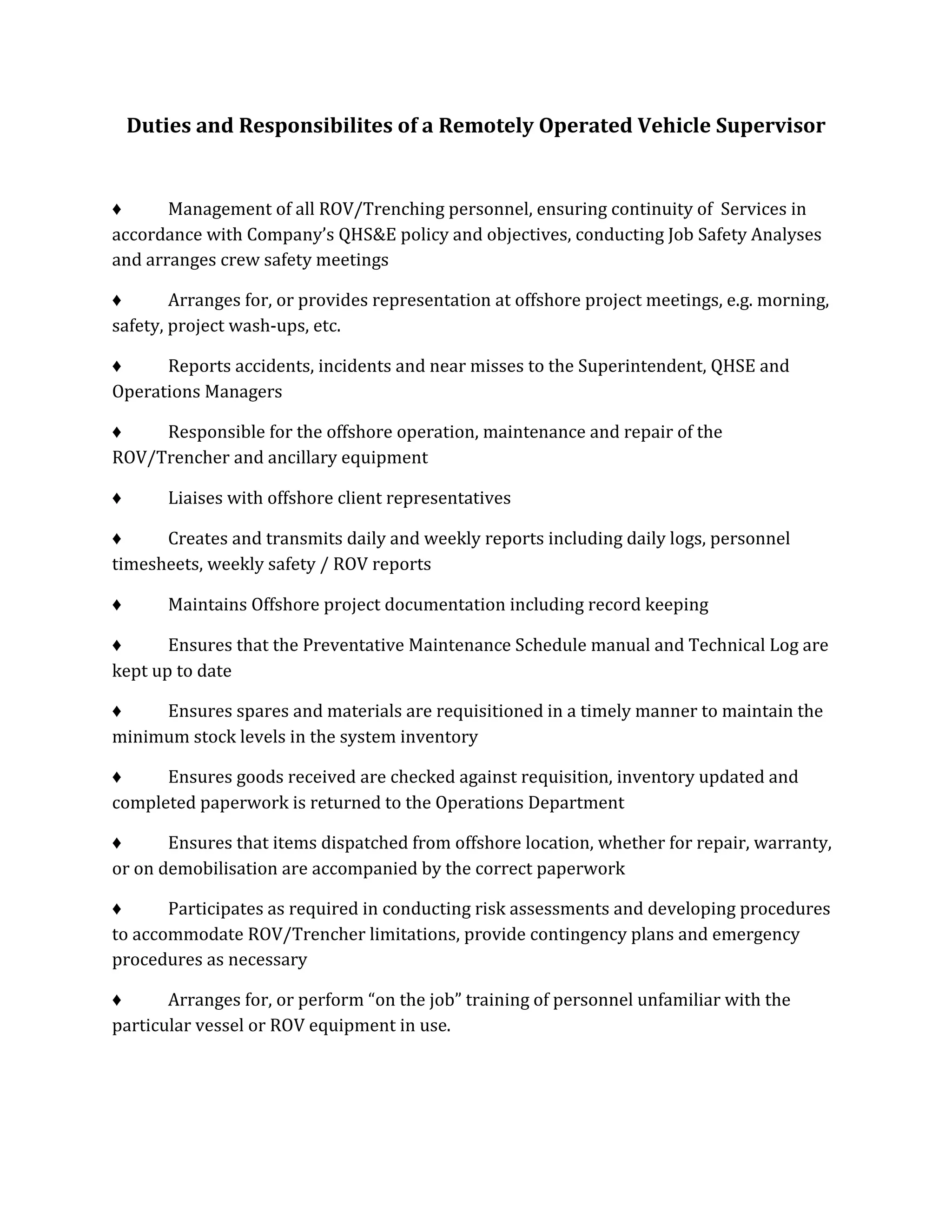 ROV Supervisor Job Description | PDF