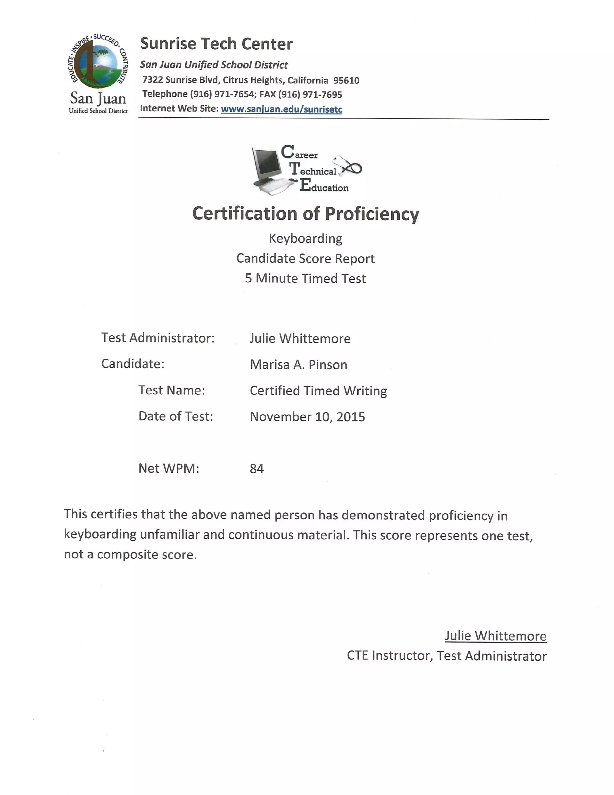 MARISA A. PINSON Typing Certificate 84wmp | PDF