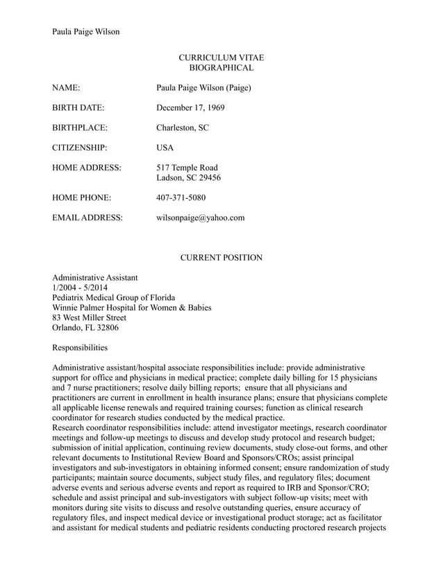 CV Paula Paige Wilson 2014 | DOC | Professional School | Postgraduate ...