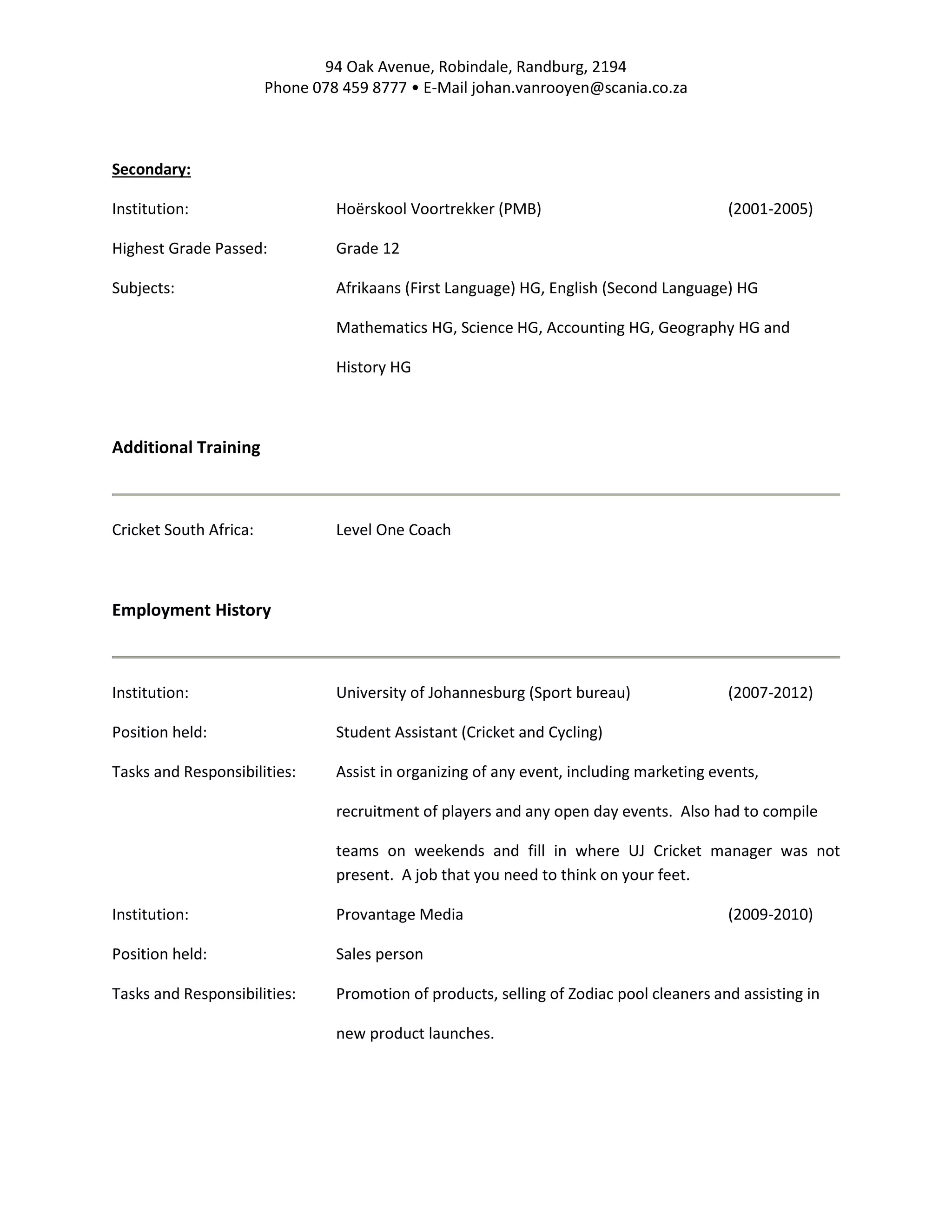 Van Rooyen CV | PDF | Cricket | Sports
