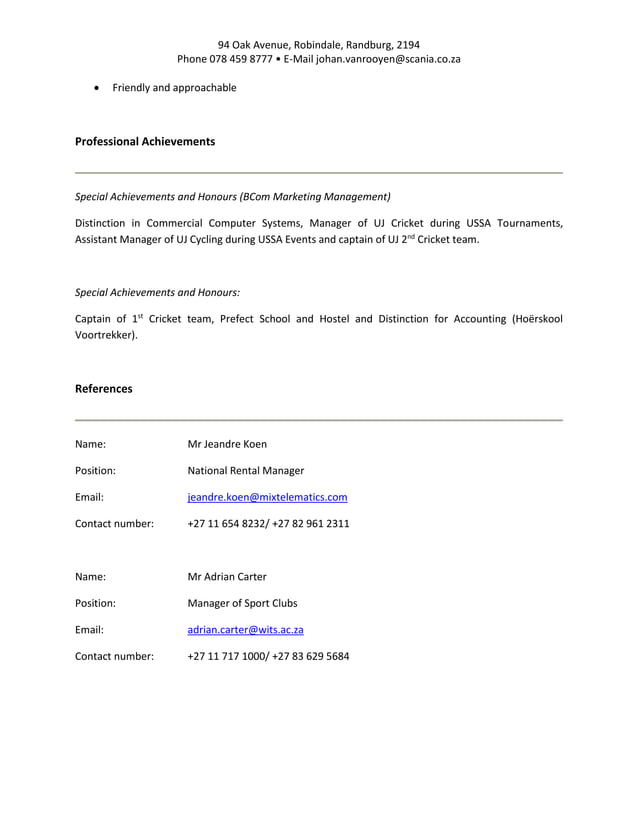 Van Rooyen CV | PDF | Cricket | Sports