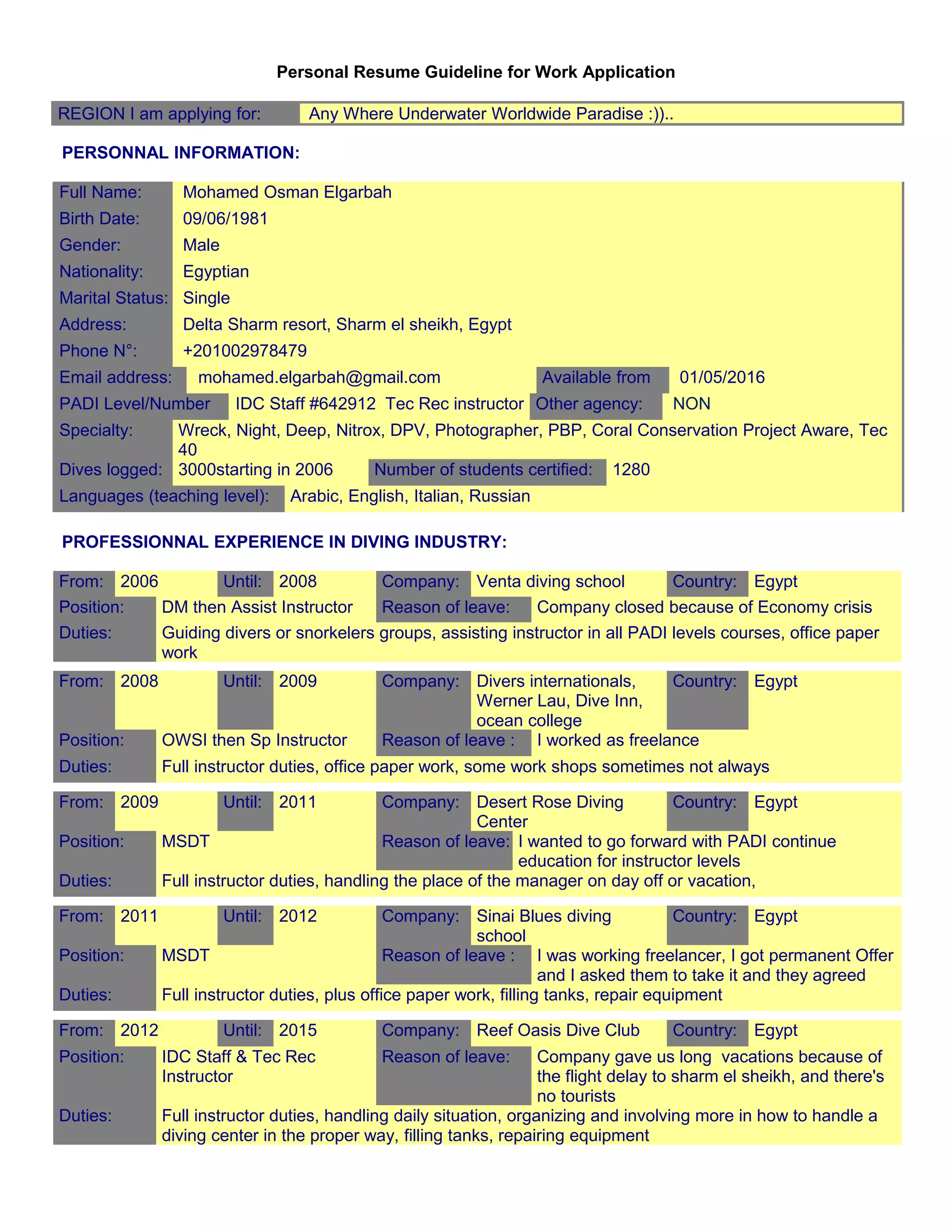 CV Scuba Diving Instructor Resume | DOC