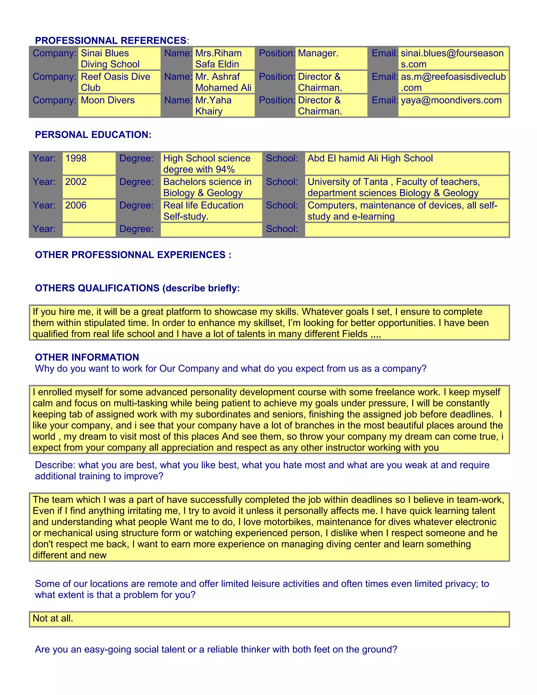 CV Scuba Diving Instructor Resume | DOC