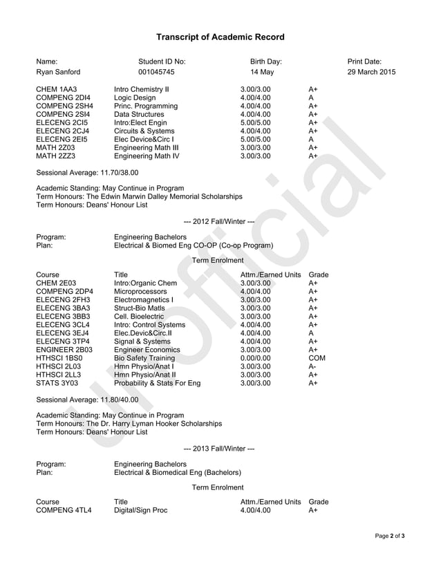 UnOfficialTranscscriptMcMaster2015 | PDF