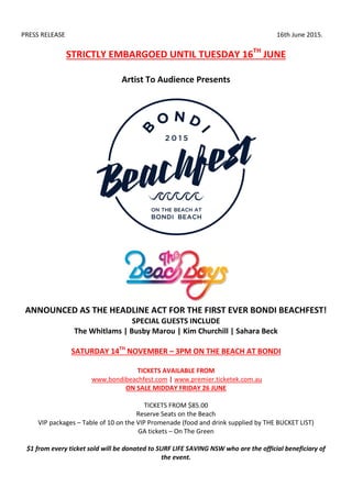 PRESS RELEASE Bondi Beach Announces Beachfest with THE BEACH BOYS | PDF