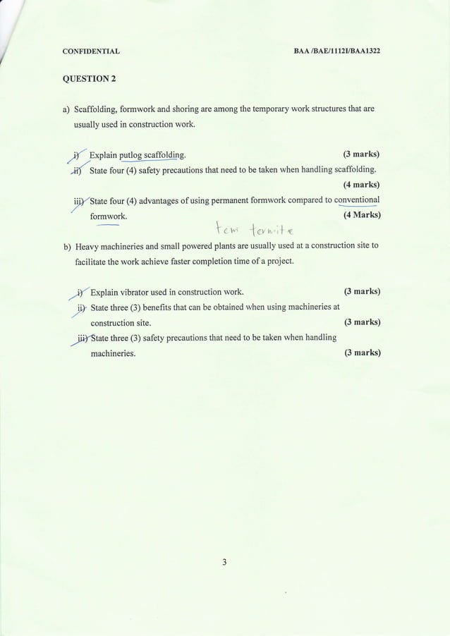 BAA 1322 CONSTRUCTION ENGINEERING FINAL EXAM PAPER | PDF
