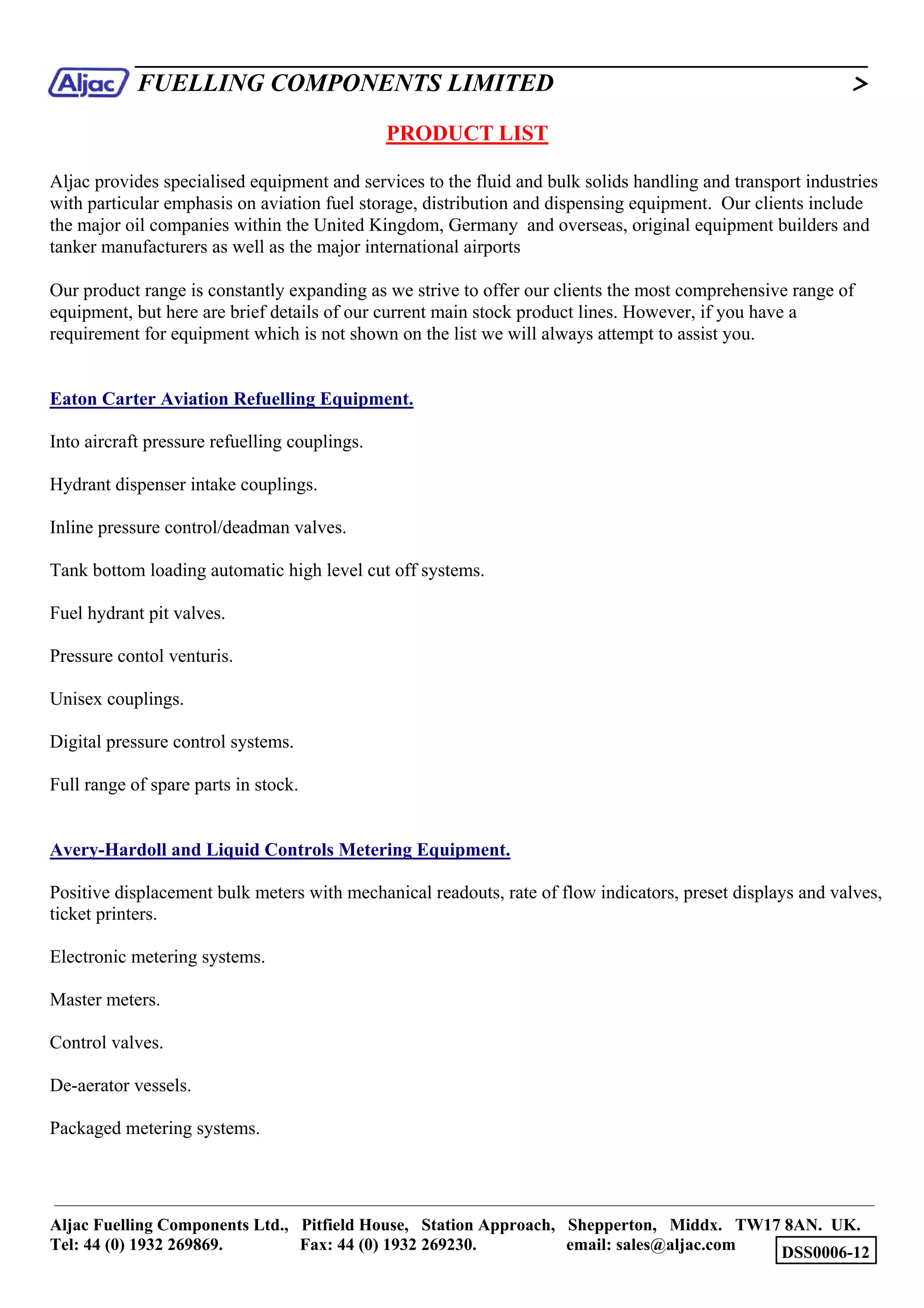 ALJAC REFUELLING COMPONENTS (AVIATION EQUIPMENT) | PDF