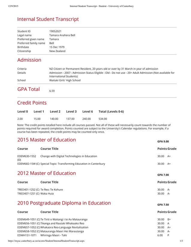 Internal Student Transcript - 2015 - University of Canterbury | PDF