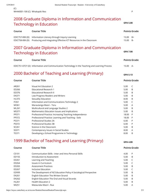 Internal Student Transcript - 2015 - University of Canterbury | PDF