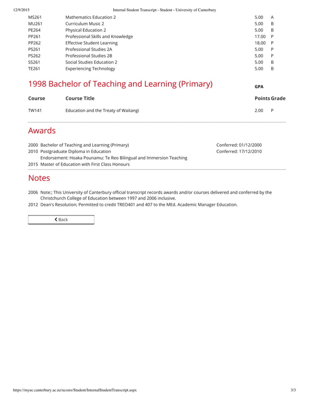 Internal Student Transcript - 2015 - University of Canterbury | PDF