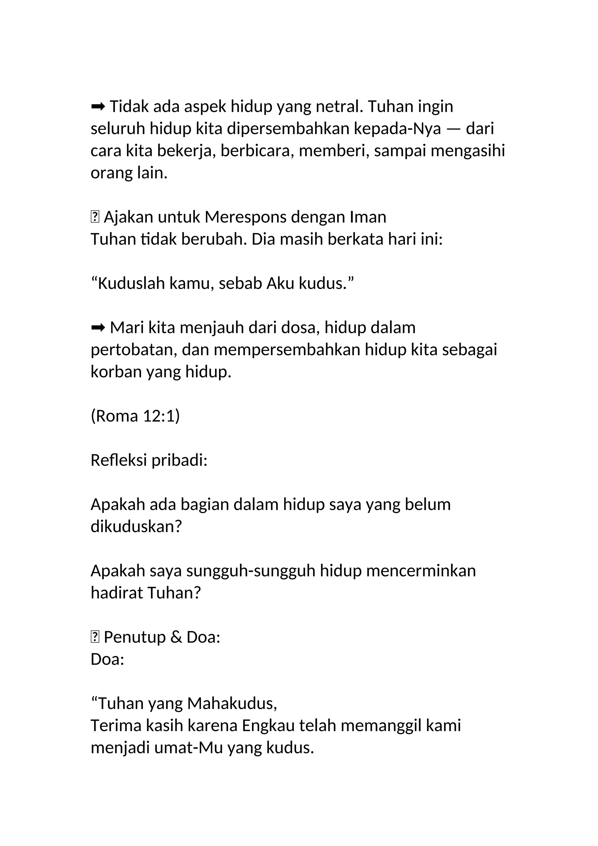 Bab 18:Dekat dengan Allah yang Kudus Undangan untuk Hidup Berkenan | DOCX