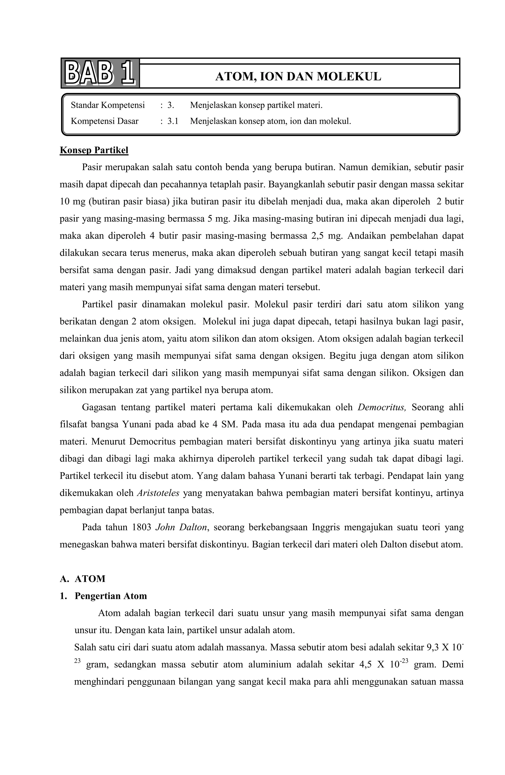Bab 1 atom, ion dan molekul | DOCX