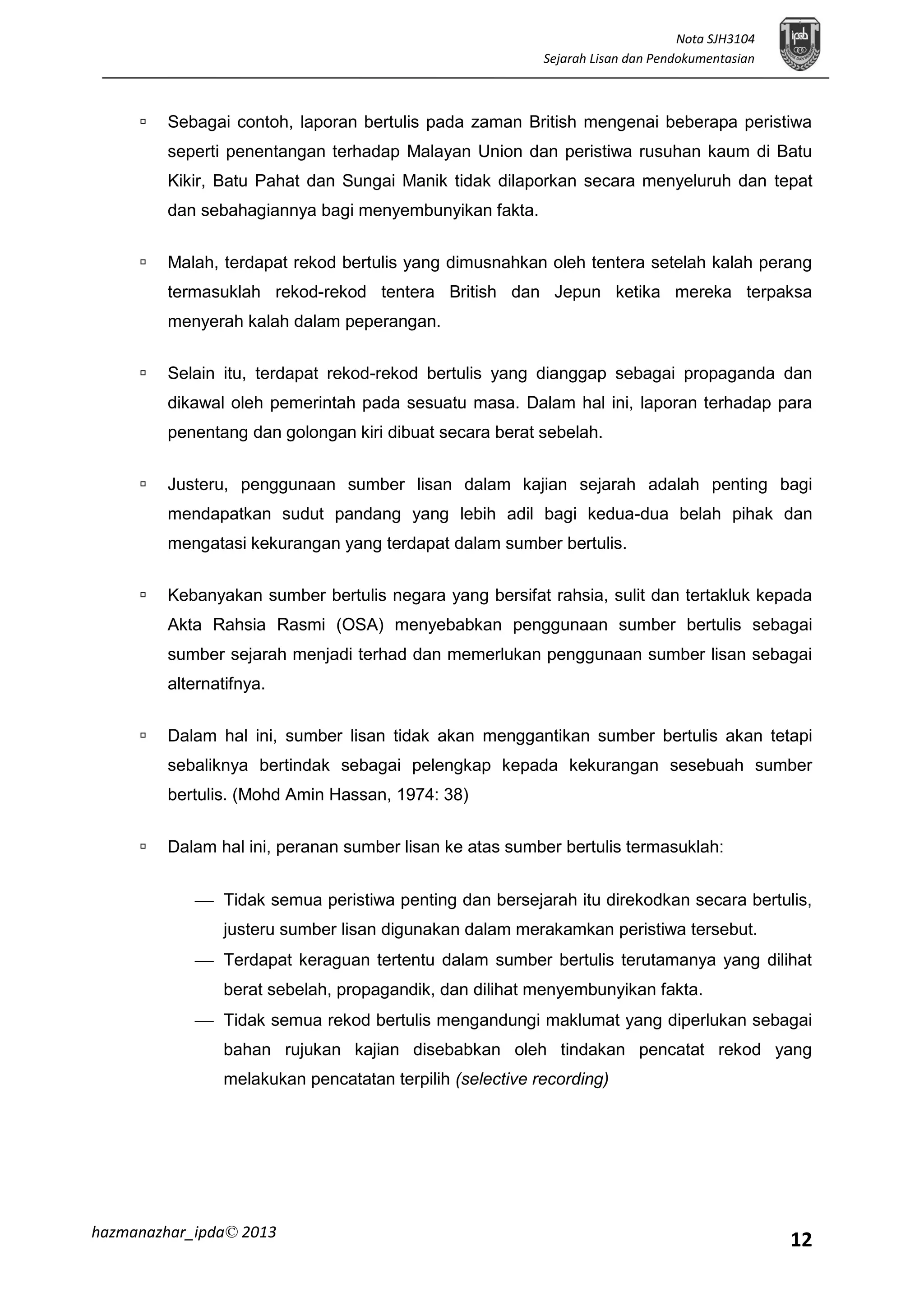 Sejarah Lisan Tajuk 1 | PDF