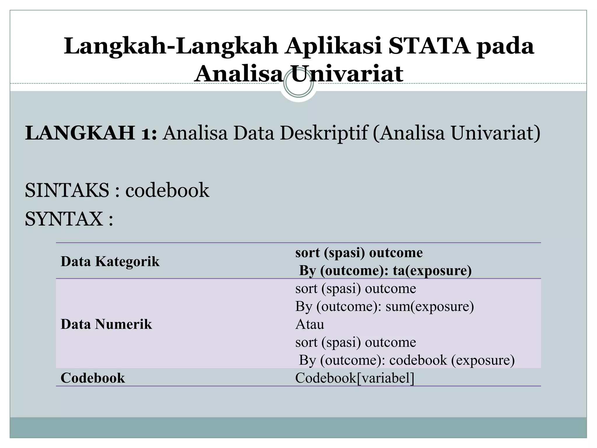Bab 2 univariat, logistik sederhana dan berganda pada STATA | PPTX