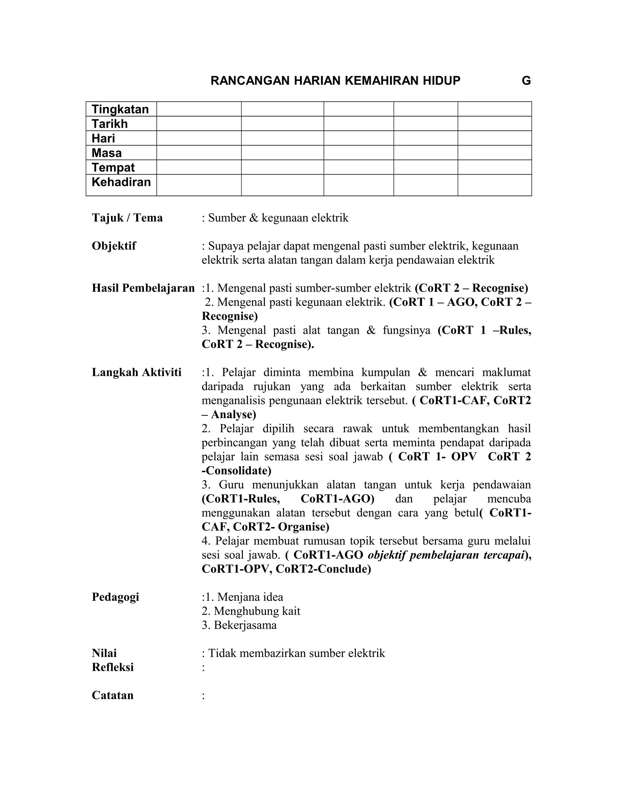 RPH TINGKATAN 1 : Bab3.elektrik teras | PDF