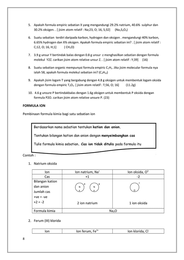Bab 3 formula dan persamaan kimia tingkatan 4 | DOC