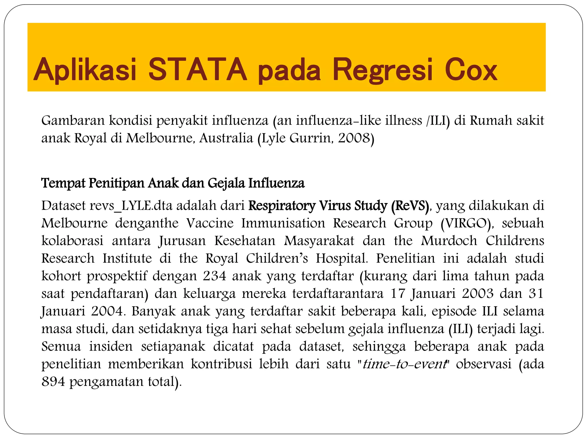 Bab 4 aplikasi stata pada regresi cox (STATA) | PPTX