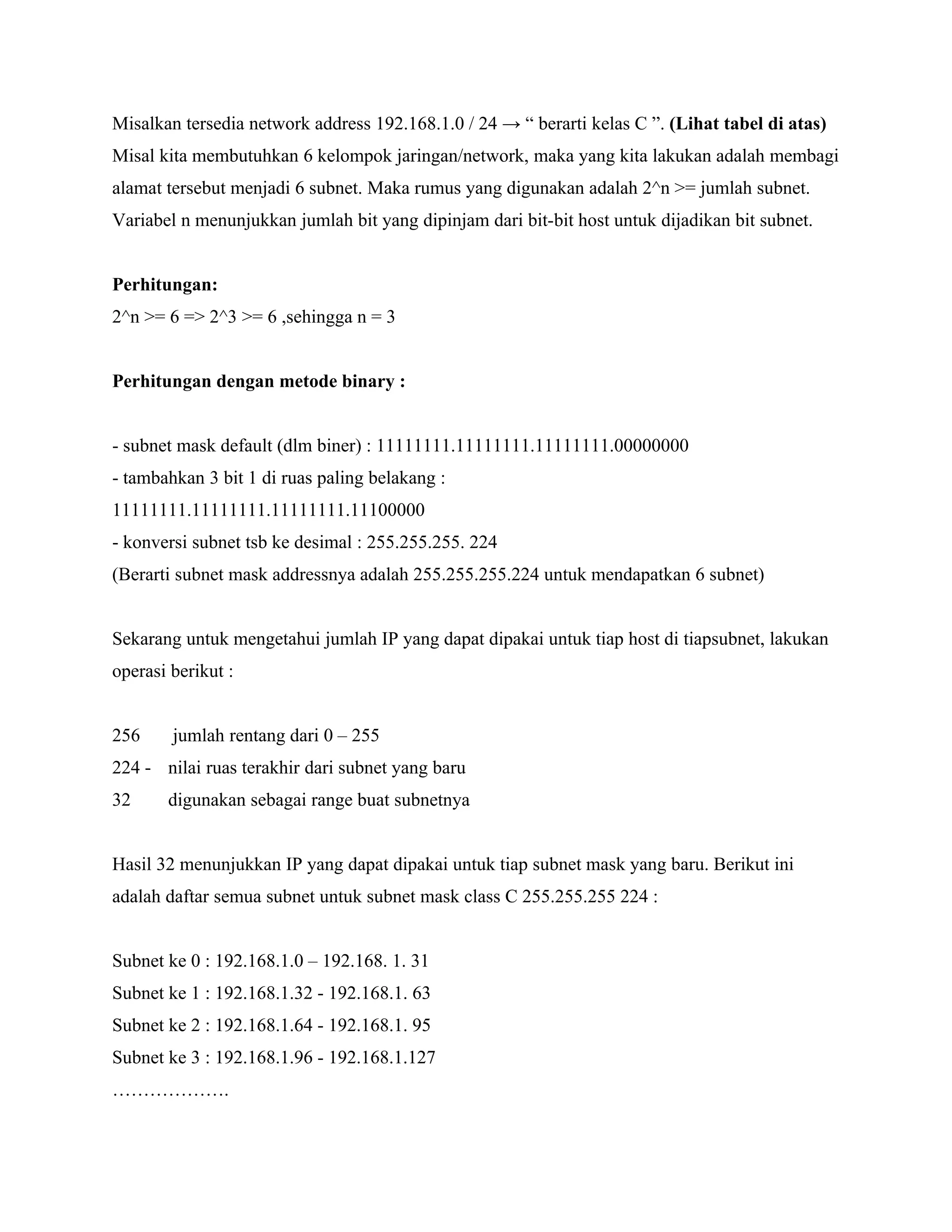 subnetting dan pengaturan IP lokal padan LAN | DOC
